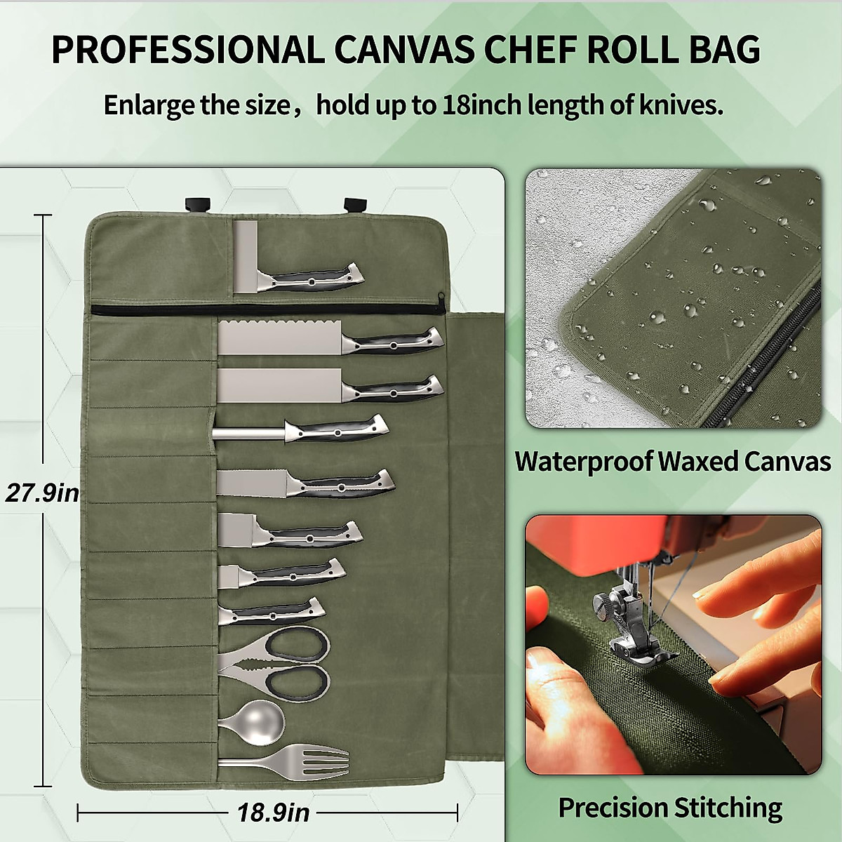 lelezone Chef Knife Roll Bag,Waterproof Waxed Canvas Knife Case Holds,Knives Roll Bags for Chefs Professional with Adjustable Strap,Chef Backpack with 11 Knife Slots and a Large Zippered Pocket