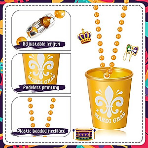 24 Pieces Mardi Gras Shot Glass on Beaded Necklace Mardi Gras Plastic Cups Fun Shot Glasses for Mardi Gras Party Supplies, 3 Styles