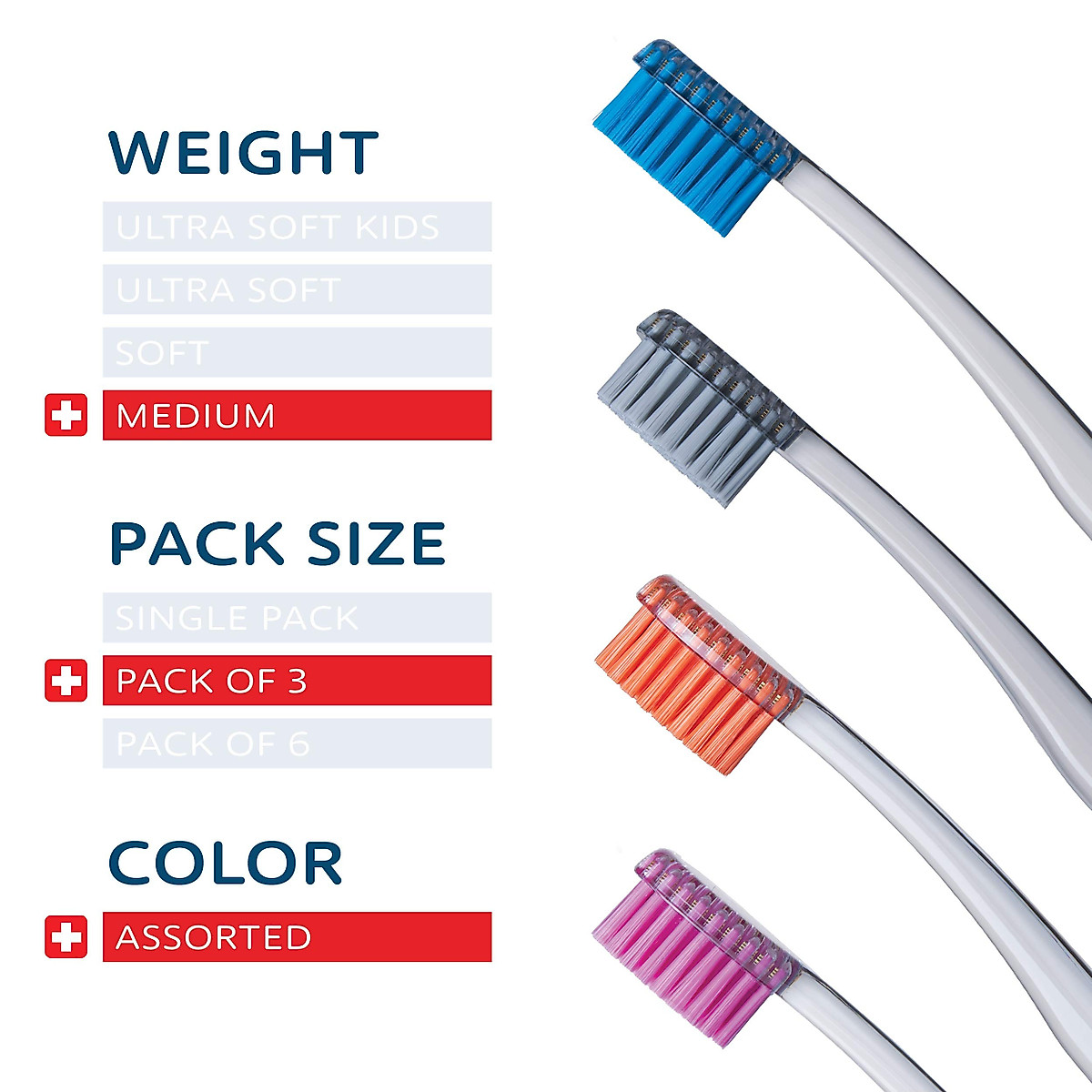 TELLO 3940 Adult Medium Swiss Toothbrush for Gentle Cleaning with Ergonomic Handle, 3 Count