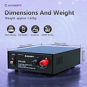 Jesverty Universal Compact Bench Power Supply - 30 Amp Regulated Home Lab Benchtop AC-to-DC Converter for CB/HAM/Amateur Radio with 13.8V Fixed OutputScrew-Type Terminals, Cooling Fan - SPS-1330