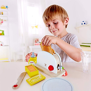Hape White Wooden Pop-Up Toaster Set Pretend Play Breakfast Accessories for Preschoolers