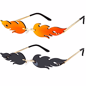 Fire Flame Sunglasses Rimless Flame Shaped Sun Glasses Wave Fire Shaped Glasses for Women Men Party Supplies Photo Props (2 Pairs, Red, Black and Grey)