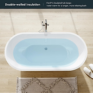 FerdY Bali 59" Acrylic Freestanding Bathtub, Gracefully Shaped Freestanding Soaking Bathtub, Toe-Tap Chrome Drain and Classic Slotted Overflow Included, Glossy White, cUPC Certified