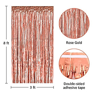 BTSD-home Rose Gold Foil Fringe Curtain, Metallic Photo Booth Backdrop Tinsel Door Curtains for Wedding Birthday Bridal Shower Baby Shower Bachelorette Christmas Party Decorations(4 Pack, 8ft x 3ft)