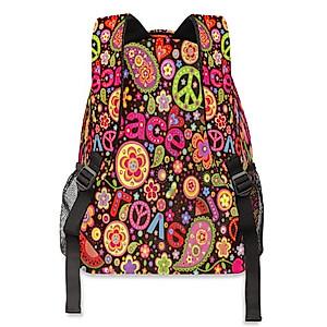 ZQYLAN Peace Sign School Laptop Backpack Colorful Floral Flower Teens School Bags Bookbag,18inch Large Water Resistant College Travel Computer Notebooks Daypack for Men Women