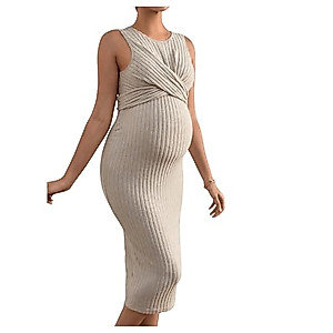 MakeMeChic Women's Maternity Ribbed Knit Sleeveless Criss Cross Tie Back Split Midi Bodycon Tank Dress Khaki L