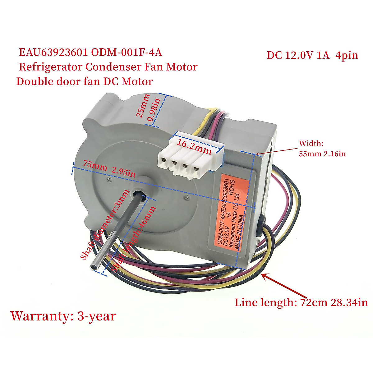 EAU63923601 ODM-001F-4A Refrigerator Condenser Fan Motor DC Motor Fit for LG Haier Refrigerator, Replaces AP6317195 LFXS26596S PS12383669 EAP12383669,DC 12V 1A,4-Wire 4-pin
