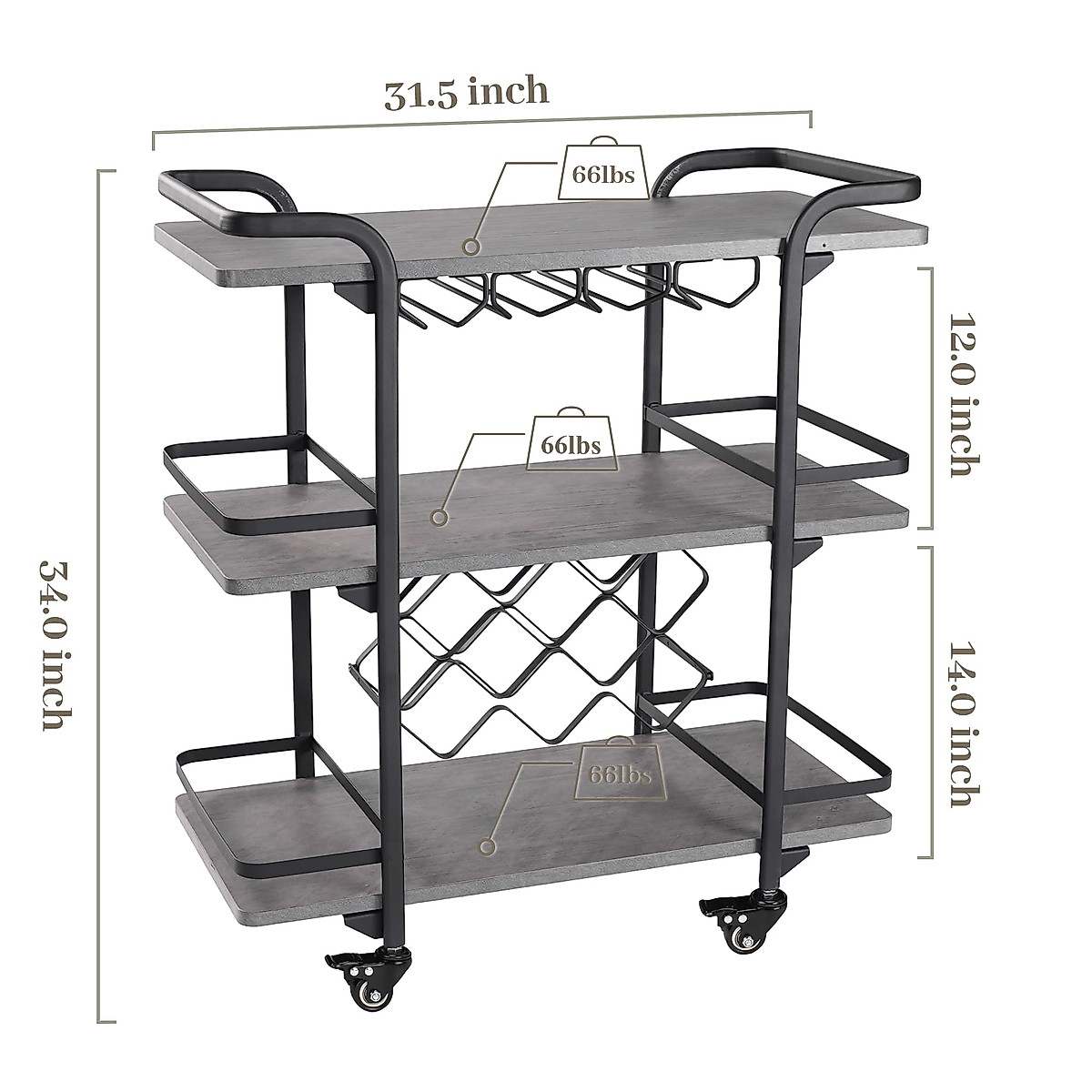 Jubao 3-Tier Bar Cart for The Home Mobile Serving with Glass Holders and 8 Wine Racks Storage, Wine Trolley Kitchen Island Cart on Wheels, Modern Coffee Cart for Kitchen Outdoor