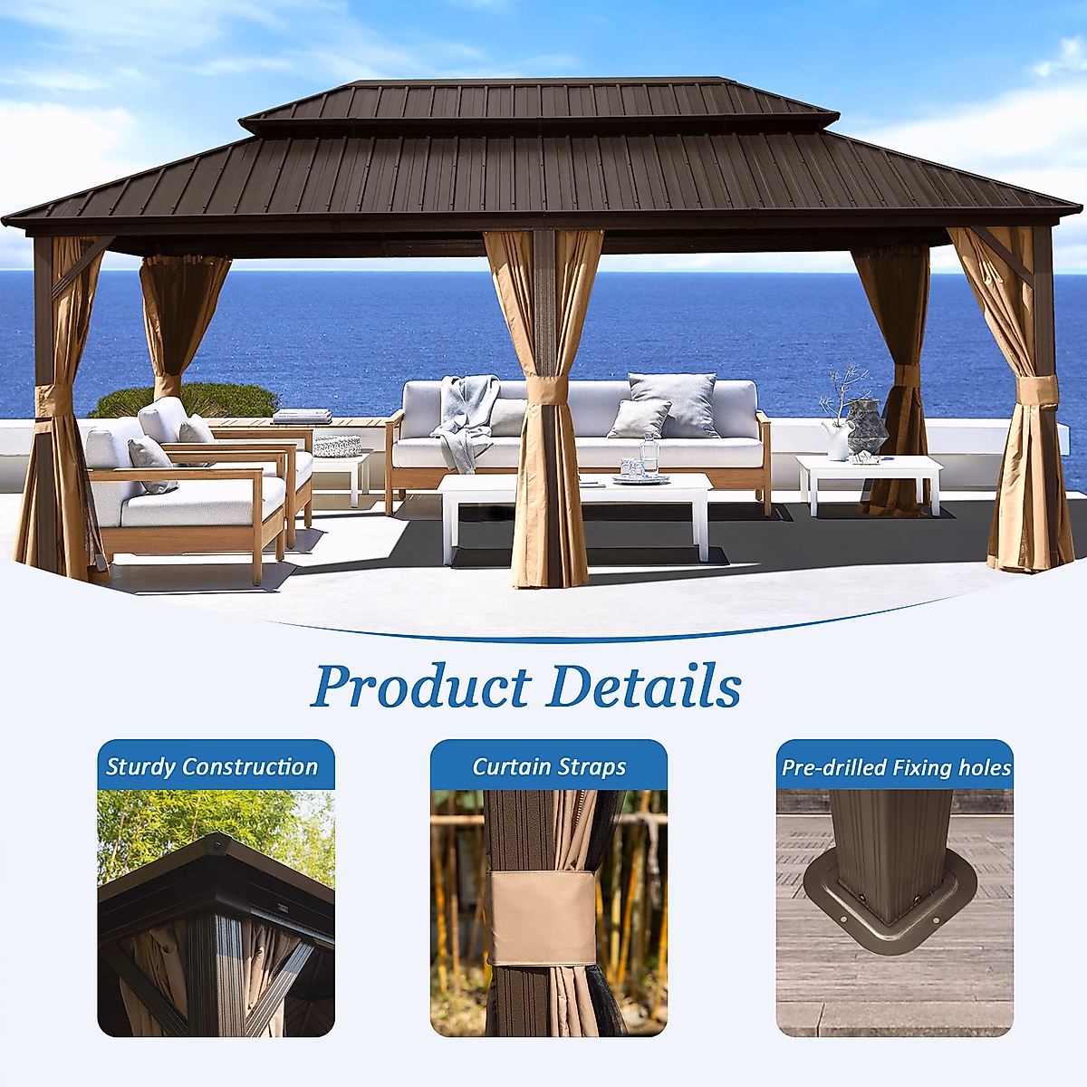 Domi 12' x 20' Hardtop Gazebo Permanent Metal Gazebo with Galvanized Steel Double Roof, Curtains and Netting for Party, Wedding, Outdoor Dining, Patio, Backyard, Brown