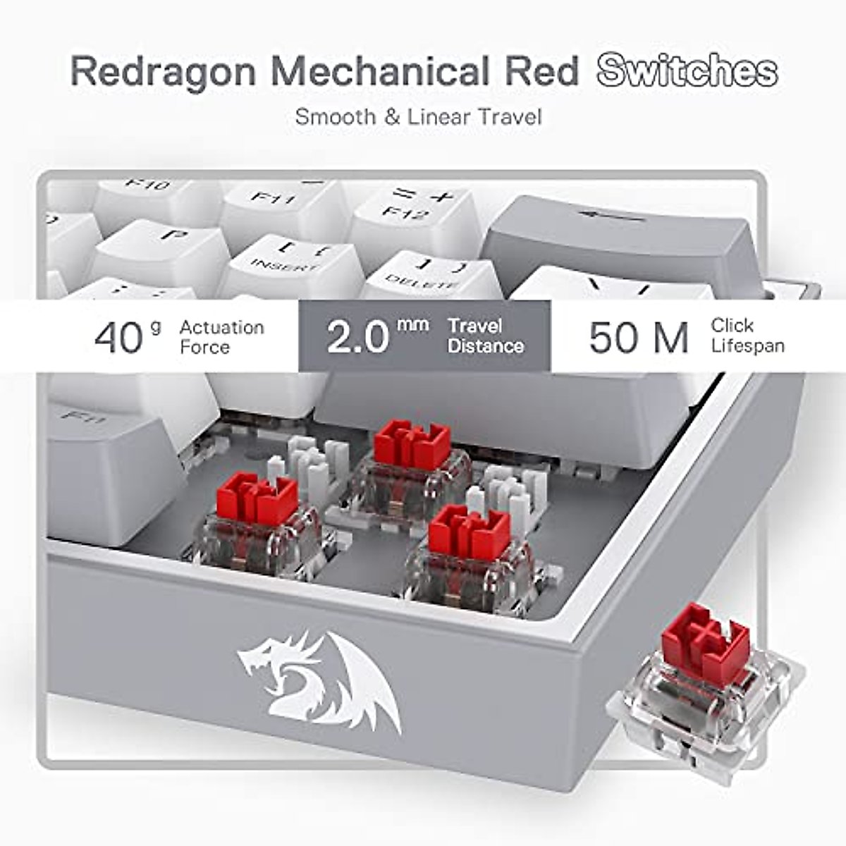 Redragon K617 Fizz 60% Wired RGB Gaming Keyboard, 61 Keys Compact Mechanical Keyboard w/White and Grey Color Keycaps, Linear Red Switch, Pro Driver/Software Supported