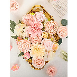 PERFNIQUE Pink Artificial Flowers Combo Box, Set of 47pcs Faux Flowers, Fake Floral Arrangements for DIY Wedding Bouquets Centerpieces with Roses, Baby Shower Party Home Decorations(Peach Pink)