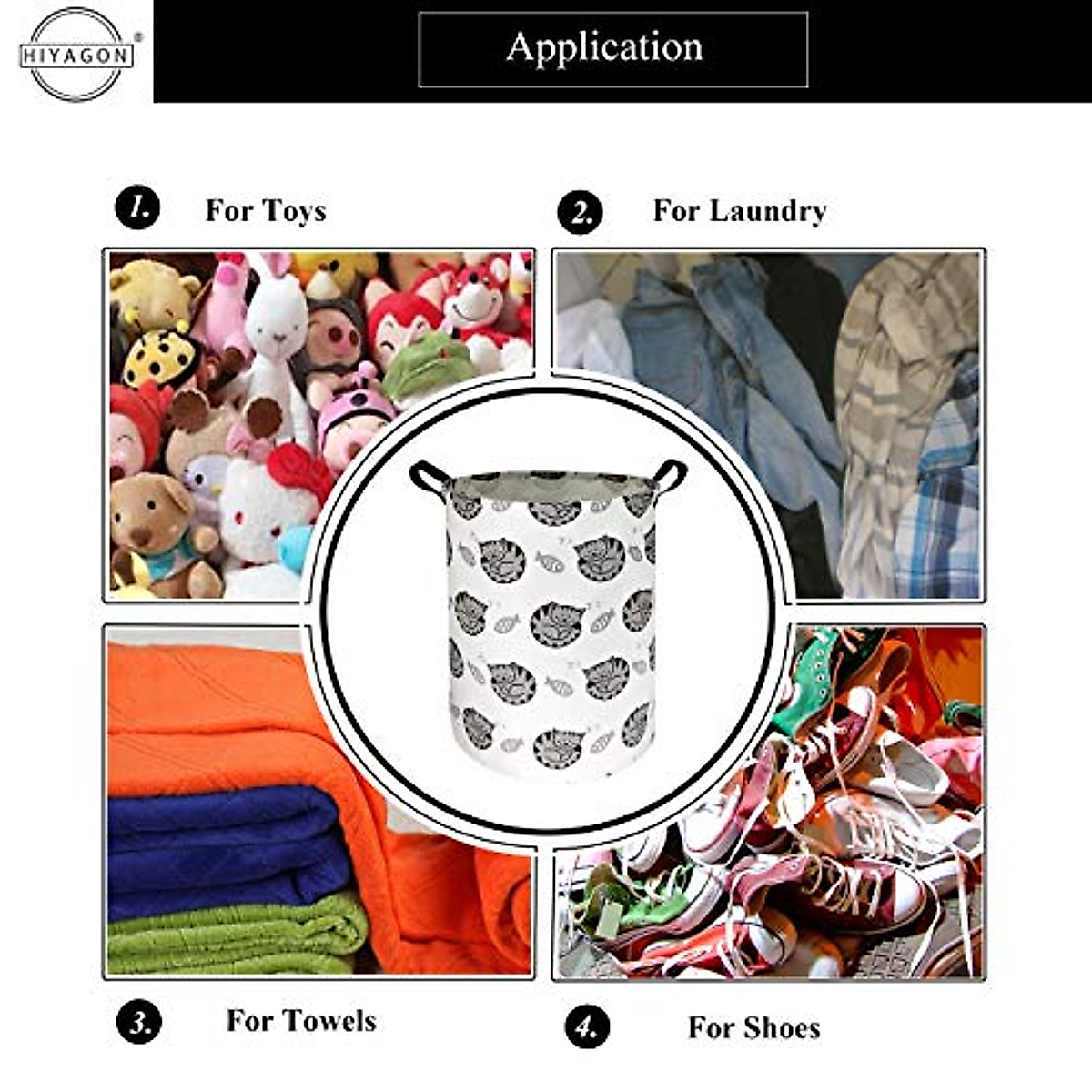 HIYAGON Large Storage Baskets,Waterproof Laundry Baskets,Collapsible Canvas Basket for Storage Bin for Kids Room,Toy Organizer,Home Decor,Baby Hamper(Fish & Cat)