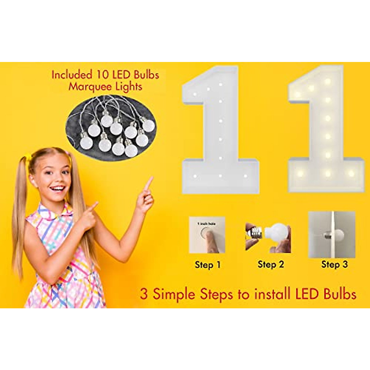 3FT Marquee Light Up Numbers Pre-Cut Frame Giant Marquee Numbers 1, Mosaic Numbers for Balloons, First 1st 21st Birthday Anniversary Decorations Party Decor