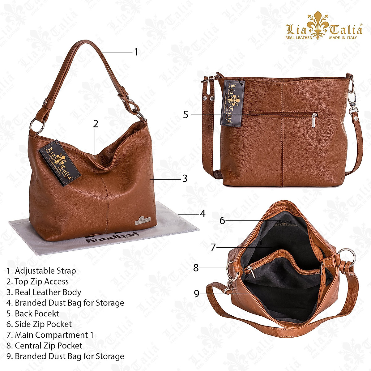 LiaTalia Womens Genuine Italian Leather Medium Size Shoulder Hobo Bag - Adjustable Long Strap Handbag - EMMY [Lilac]