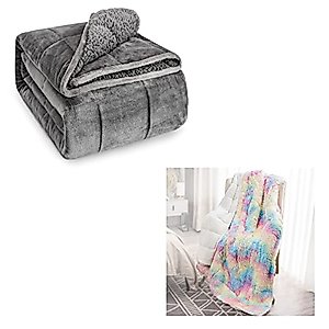 Wemore Sherpa Fleece Weighted Blanket for Adult Grey 48 x 72 Inches 15lbs with Shaggy Long Fur Faux Fur Weighted Blanket Rainbow 60 x 80 Inches 15lbs