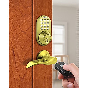 MiLocks XFL-02P Digital Deadbolt Door Lock and Passage Lever Handle Combo with Keyless Entry via Remote Control and Keypad Code for Exterior Doors, Polished Brass