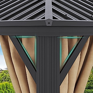 YITAHOME 10x12ft Hardtop Gazebo with Nettings and Curtains, Heavy Duty Galvanized Steel Outdoor Vertical Stripes Roof for Patio, Backyard, Deck, Lawns, Brown