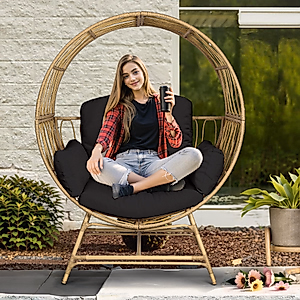 Rattan Wicker Egg Chair, Egg Basket Lounge Chair with 4 Cushions, Oversized Indoor and Outdoor Lounger Chair for Patio & Living Room, Steel Frame, 330lbs Capacity