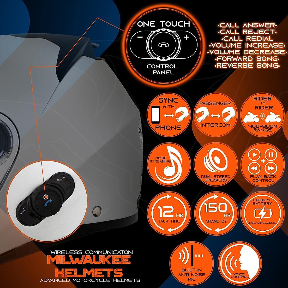 Milwaukee Helmets H7010 Flat Gray 'Mayday' Modular Motorcycle Helmet w/Intercom - Built-in Speaker and Microphone for Men/Women - Large