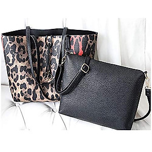 Cayla 2Pcs Tote Bag Handbags for Women PU Leather Shoulder Bag Leopard Print Purses Crossbody Bag Satchel Wallet Casual Bags-Black