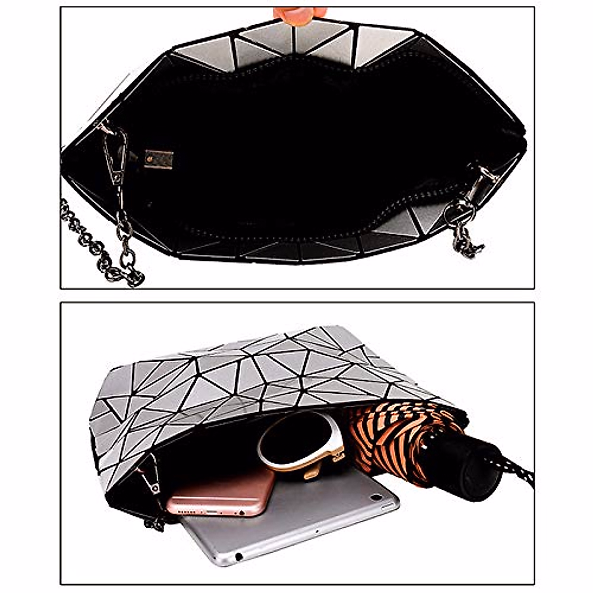 Danse Jupe Womens Geometric Purse Holographic Chain Crossbody Bag Clutch Purse Silver