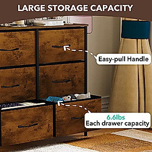 Maxtown Dresser for Bedroom 6 Drawers, Storage Drawer Units for Bedroom,Living Room, Hallway, Nursery, Tall Dresser Storage Tower with Sturdy Steel Frame, Wooden Top and Easy-Pull Fabric Bins Brown