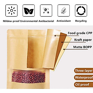 50pcs Kraft Paper Bags with Window Resealable Zip Lock Food Storage Bags Heat Sealable Stand Up Brown Paper Pouches for Cookies Coffee Tea 1lb 8×12in