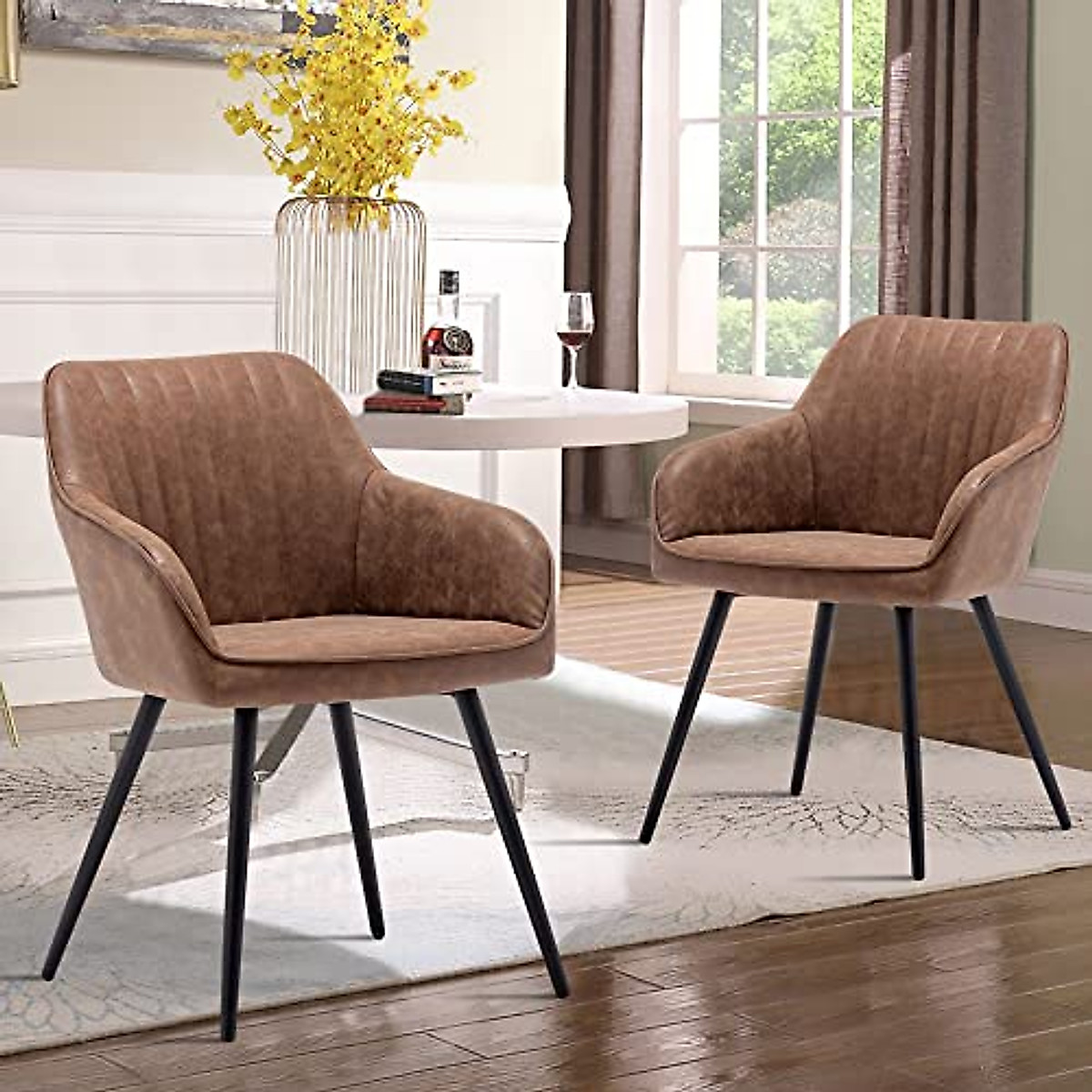 Awonde Brown Faux Leather Accent Chairs Set of 2 Modern Arm Chairs for Living Room Dining Room Office Guest Chair with Metal Legs