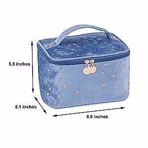 HOYOFO Velvet Makeup Bag with Handle Cosmetic Bags with Makeup Brush Holder Travel Make up Bag for Women, A Blue