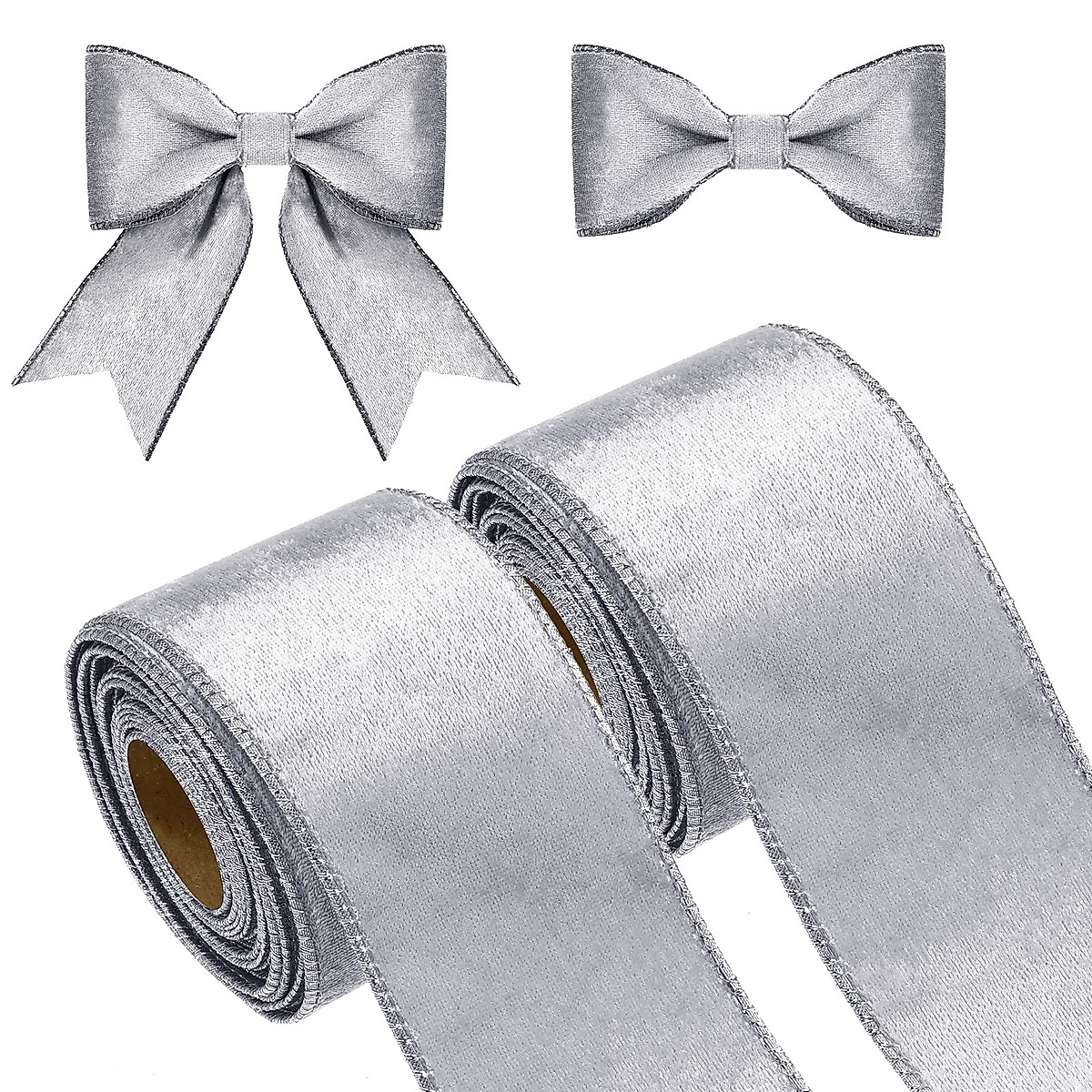 2 Rolls 2.5 Inch 10 Yards Christmas Velvet Ribbon Single Face Christmas Plain Velvet Ribbon for Gift Wrapping Crafts Christmas Wreath Tree Decor (Silver)