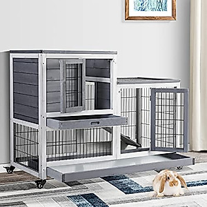 BESTDOOR 43.3'' Rabbit Hutch, Wood Indoor Rabbit Cage On Brake Wheel, Outdoor Large Rolling Bunny Hutch w/Run, Small Animal Guinea Pig Hamster Hedgehog House w/2 Deeper No Leak Tray (Grey White)