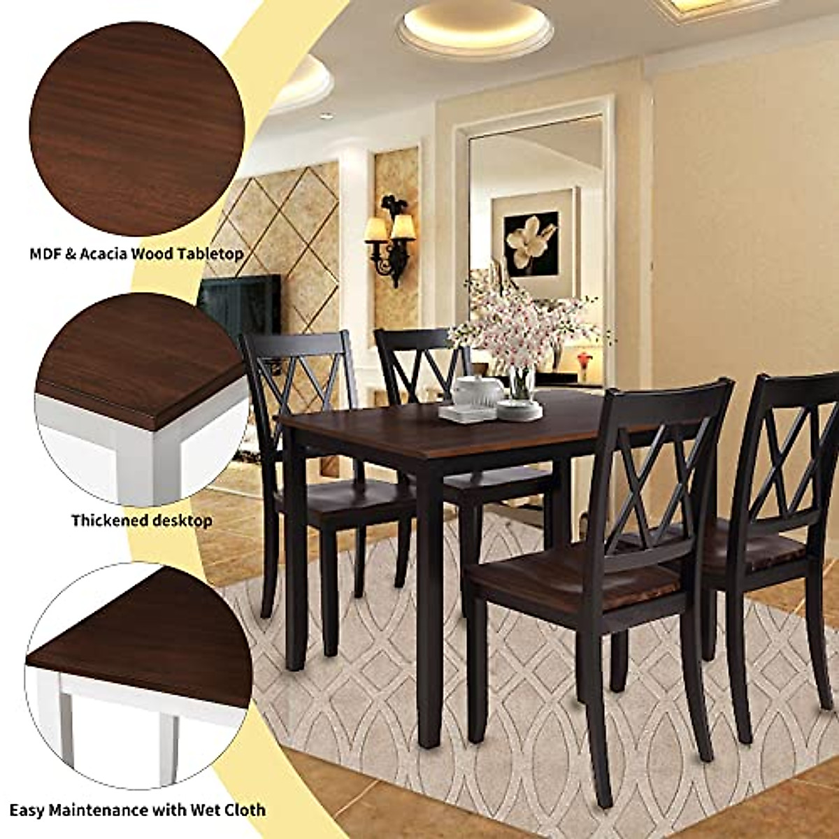 Harper & Bright Designs 5 Piece Dining Table Set, Dining Sets for 4 Person, Home Kitchen Table and Chairs Set (Cherry+Black, 5 Piece)