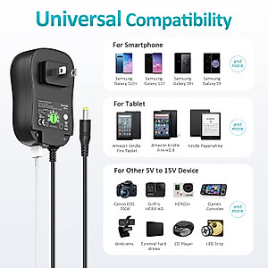 Basicvolt Universal Power Supply 5V 6V 7.5V 9V 12V 13.5V 15V 3A 2.5A AC DC Power Adapter 45W Wall Charger with 5V 2A USB Plug for Electronics 2.5A 2500mA 3000mA 3Amp Max with 12pcs Adaptor Tips