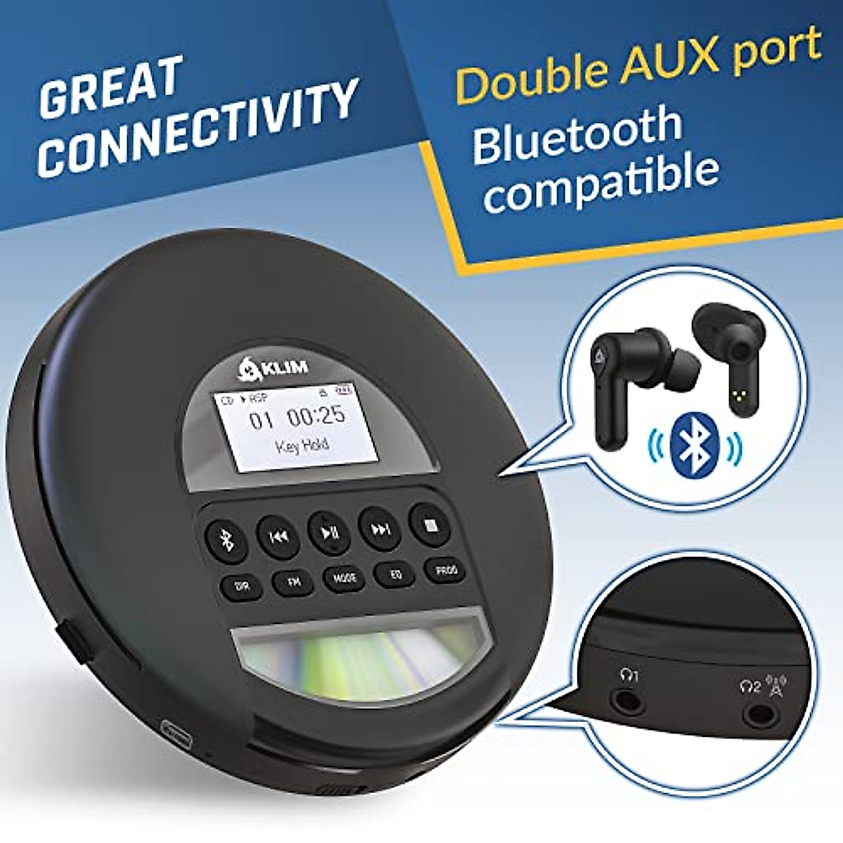 KLIM Nomad - New 2023 - Portable CD Player Walkman with Long-Lasting Battery - with Headphones - Radio FM - Compatible MP3 CD Player Portable - TF Card Radio FM AM Bluetooth - Ideal for Cars - Black