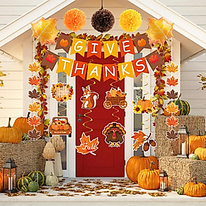 Ouddy Life Thanksgiving Party Decorations, Thanksgiving Hanging Decoration Include Give Thanks Banner Maple Leaves Garland Balloon Paper Pom for Thanksgiving Fall Home Classroom Indoor Office Supplies