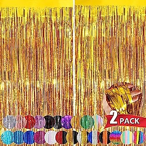 Gold Metallic Tinsel Foil Fringe Curtains, 2 Pack 3.3x8.3 Feet Streamer Backdrop Curtains for Birthday Party Decorations, Halloween Decor, Foil Curtain Backdrop for Bachelorette Party