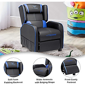 VIT Kids Recliner, Gaming Recliner Chair w/Footrest, Headrest, Lumbar Support & Side Pockets, Ergonomic Leather Lounge Chair for Living & Gaming Room, Adjustable Recliner Sofa for Boys Girls, Blue