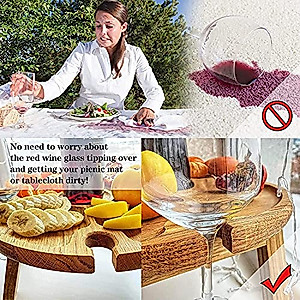 Bomeiqee Wooden Folding Picnic Table with Wine Glass Holder - Portable Creative 2 in 1 Wine Glass Rack & Compartmental Dish for Cheese and Fruit for Outdoor