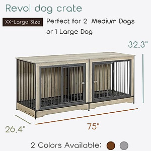 DOSSMBOLA 75'' Large Dog Crate Furniture for Large Dog or 2 Medium Dogs, Wooden Dog Kennel Dog Crate with Pull Out Tray and Removable Divider, TV Stand XXL Dog Cage - Gray
