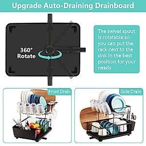 Naturous Large Dish Drying Rack Drainboard Set, Stainless Steel 2 Tier Dish Racks for Kitchen Counter, Detachable Dish Drainer with Utensils Holder, Cutting Board Holder,Cup Holders