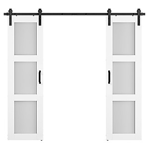 COSHOMER Double 24 x 84in 3-Panel Sliding Barn Door with Frosted Glass and 8FT Hardware Kit - Waterproof, Easy Assembly, Pre-Drilled Holes - Suitable for Openings up to 46in x 82in, White