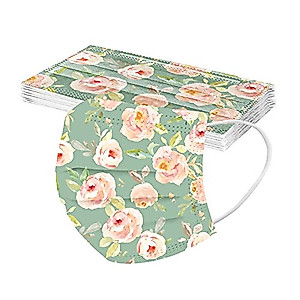 50 Pack Adults Floral Disposable Face Masks with Design, 3 Ply Protective Breathable Women Men Flower FaceMask with Nose Wire (Floral #14)