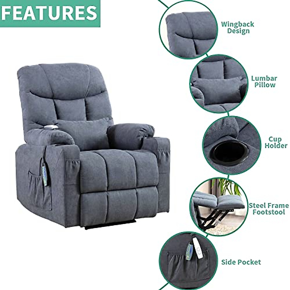OBBOLLY Power Lift Recliner Chair for Elderly Massage with Heat, Linen Fabric Lazy Sofa with Cup Holders, USB, Side Pockets for Living Room