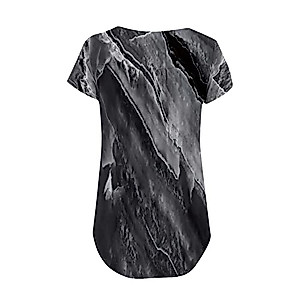 Tuianres Summer Shirts for Women 2023 Loose Fit Tunic Marble Print Short Sleeve Pleated Hide Belly Button T-Shirt Blouse