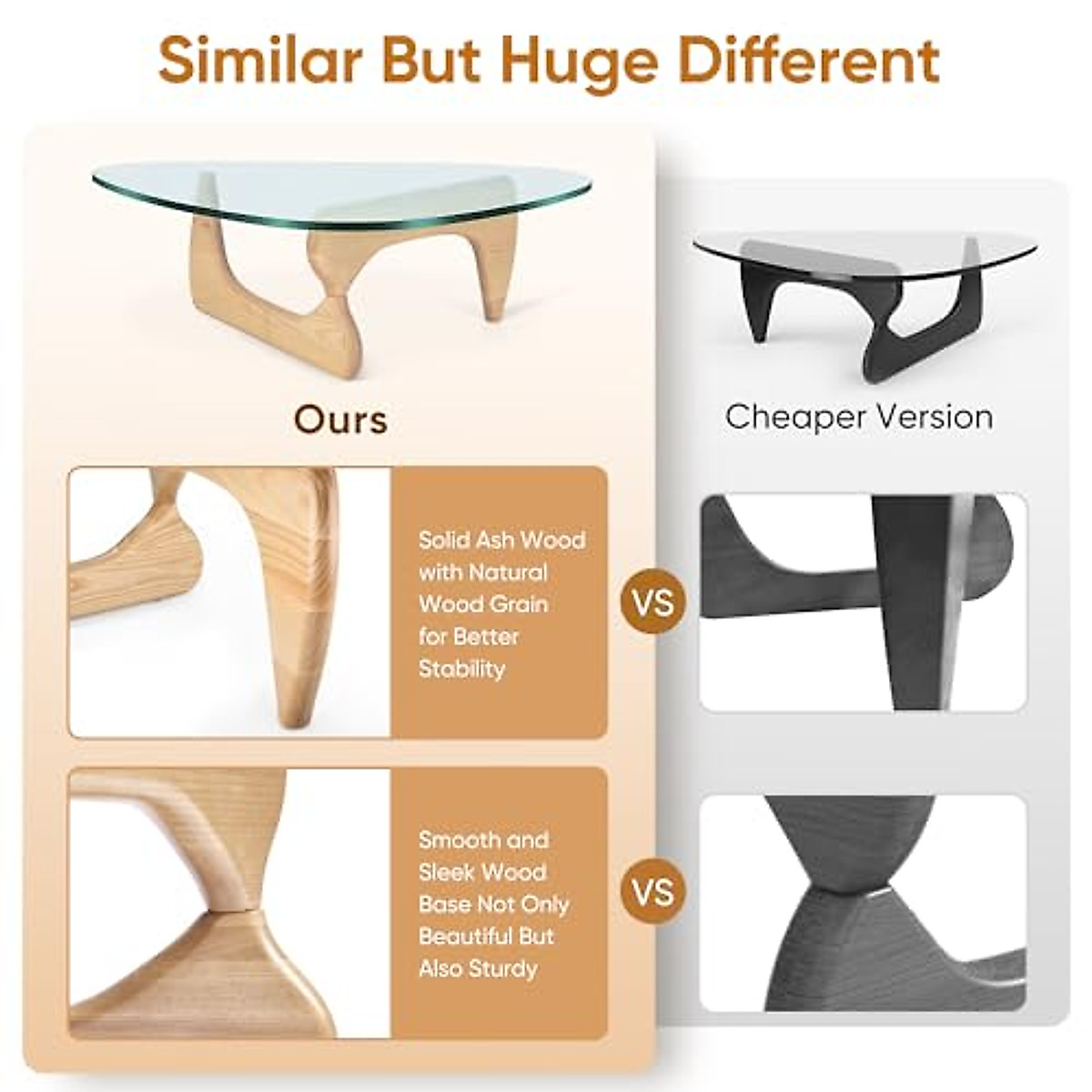 Rimdoc Noguchi Table Triangle Glass Coffee Table Vintage Glass End Table, Solid Wood Base & Triangle Clear Glass Top Modern End Table for Living Room, Patio, Study