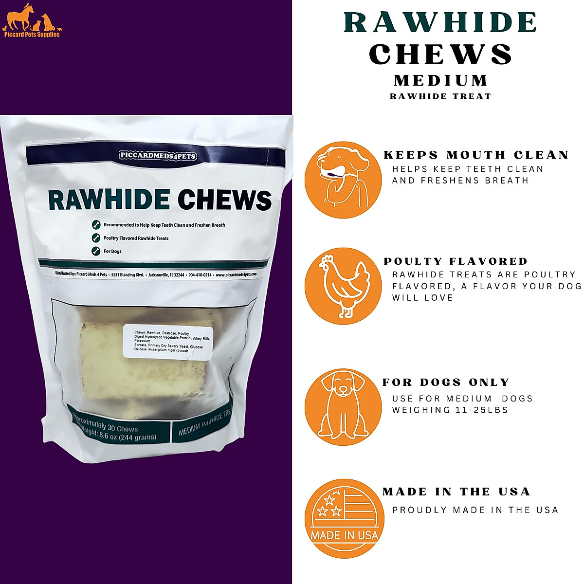 PICCARDMEDS4PETS Rawhide Dental Chews, Poultry Flavored Treats for Med Dogs 11lbs-25lbs.