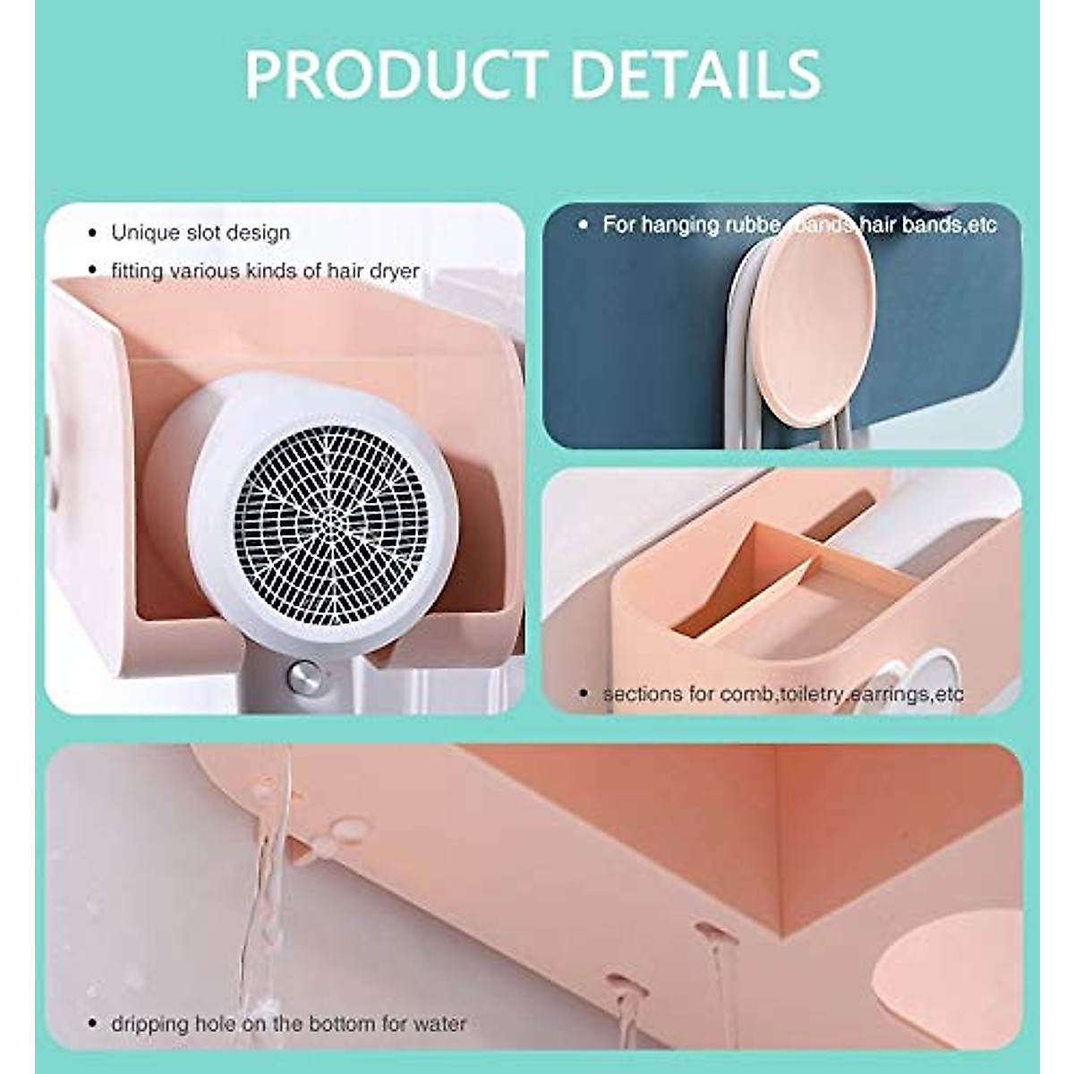 "N/A" Wall Mounted Hair Dryer Holder, Bathroom Accessories Storage Basket Styling Tool Organizer, No Drilling, Self Adhesive Colorful Design (Gray)