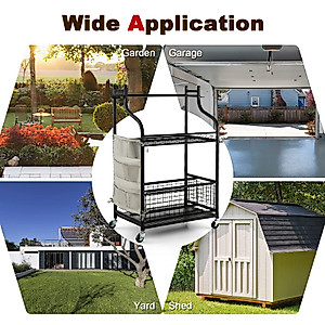 Goplus Garden Tool Organizer, 3-Tier Garage Tool Storage Cart w/Removable Hooks, Side Bag, Universal Wheels, Yard Tool Rack Holder, Metal Tool Rolling Cart for Shed, Lawn