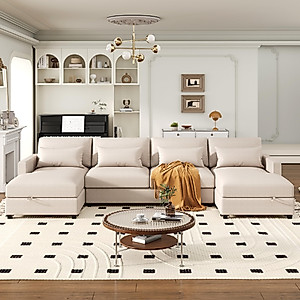 U Shaped Couch Sectional Sofa with Storage Oversized Sectional Couch with Double Chaise Lounge Modern 6 Seat Cloud Couch with 4 Lumbar Support Pillows for Living Room, Beige