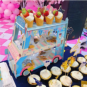 YONDMMIY 3 Tier Cupcake Stand Ice Cream Van Stand Cars Display Stand Bus Cupcake Cake Stand Truck Paper Cupcake Holder for Kids Birthday Party Decorations